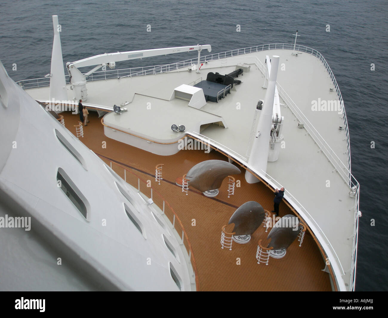 Queen Mary 2's bow seen from above at Bridge height, Library is visable ...