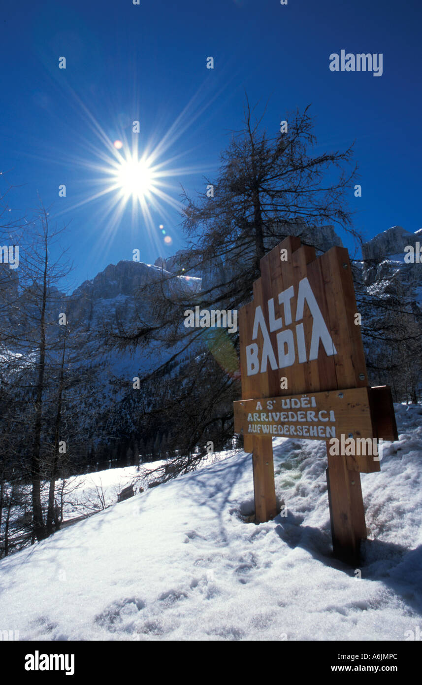 Alta Badia welcome sign with the distinctive Dolomite mountains in the ...
