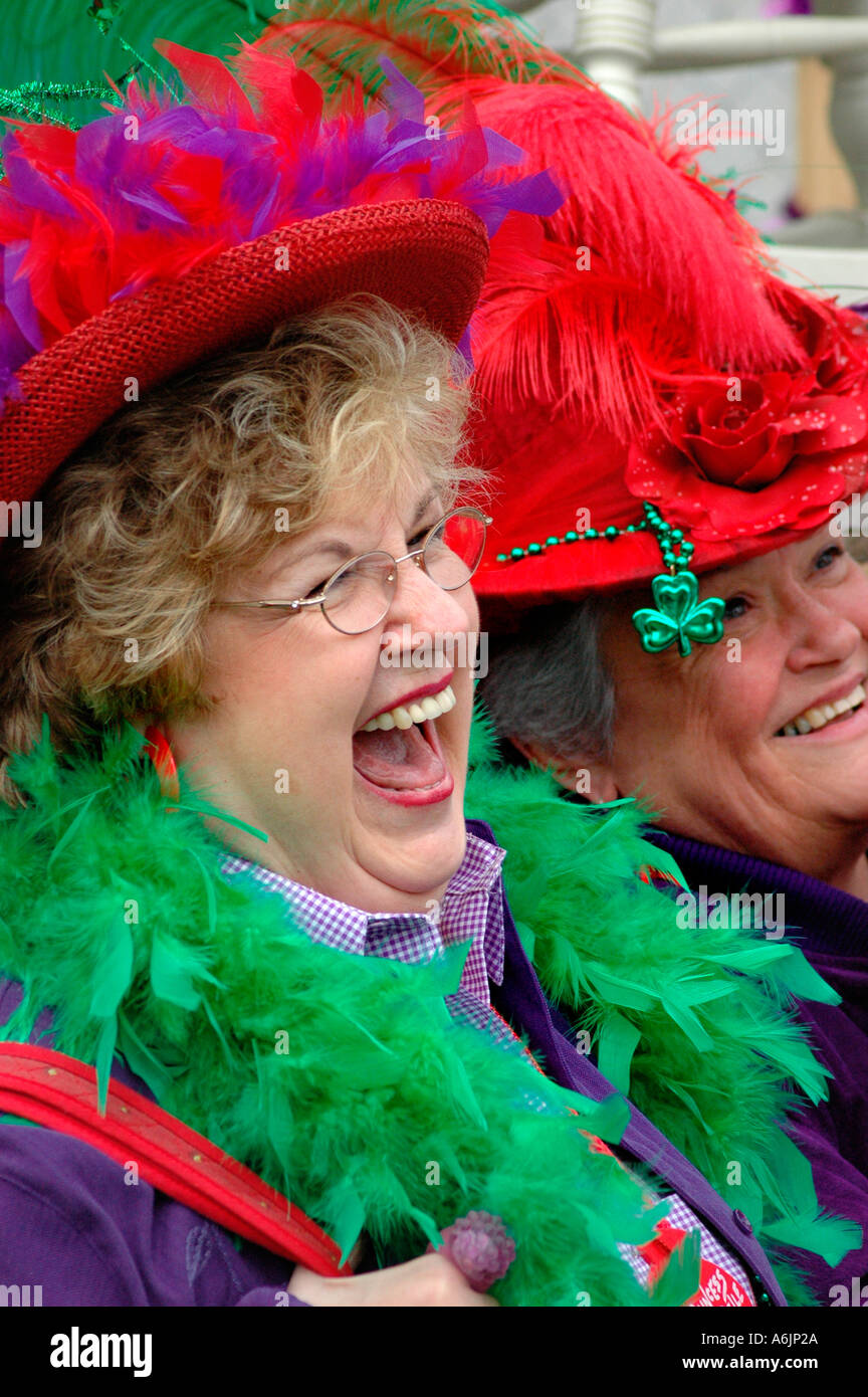 Women of the Red Hat Society celebrate on St Patricks day in the USA in ...