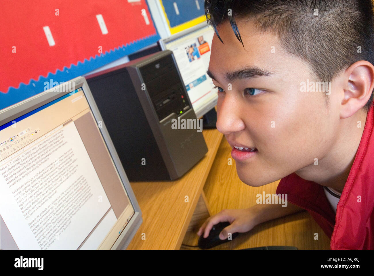 Oriental teenage student studies his computer screen in school computer ...