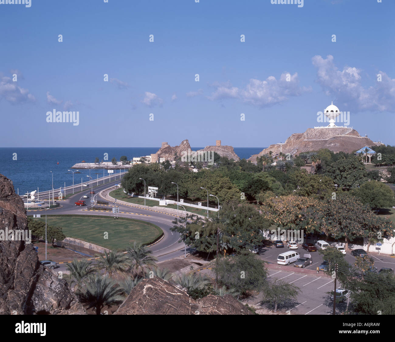 View of park and 'Incense Burner' Monument, Riyam City, Muscat, Masqat ...