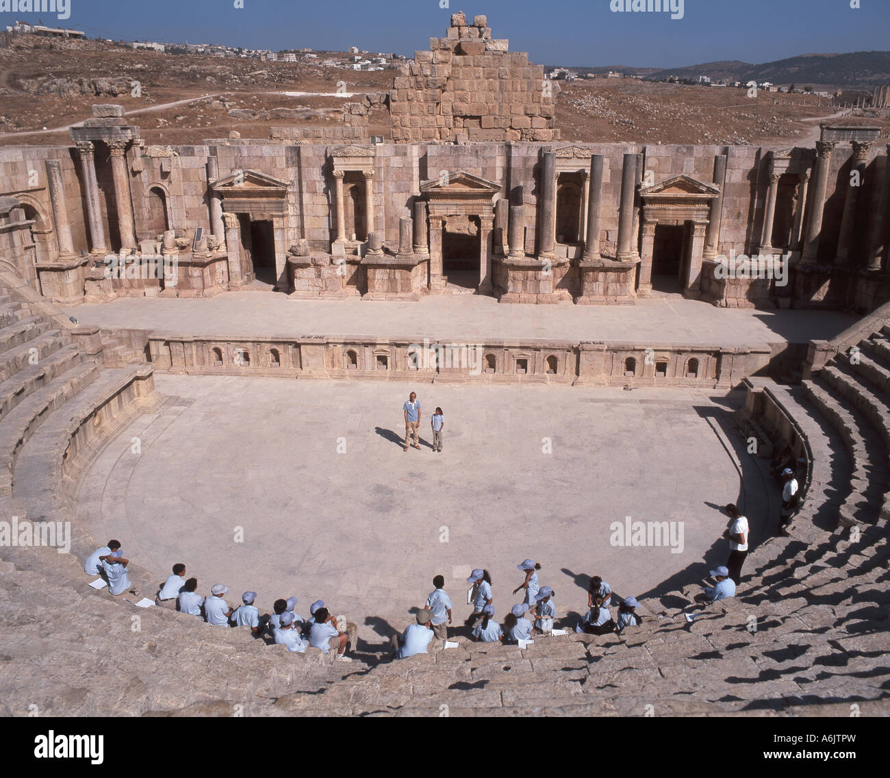 Children's school group, South Theatre Amphitheatre, Jerash, Irbid ...