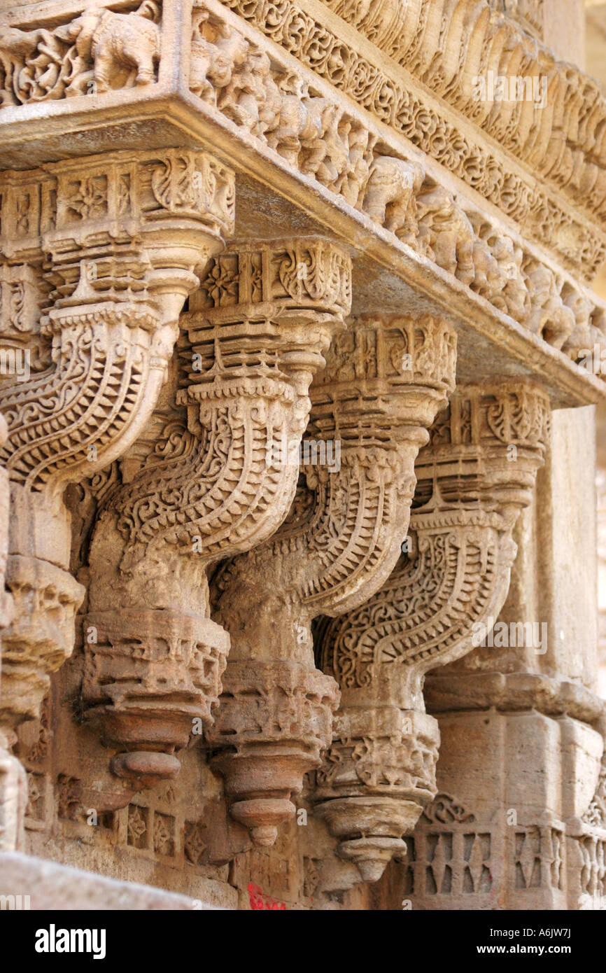 Detail of the exquisitely carved historic Adalaj Step-well near ...