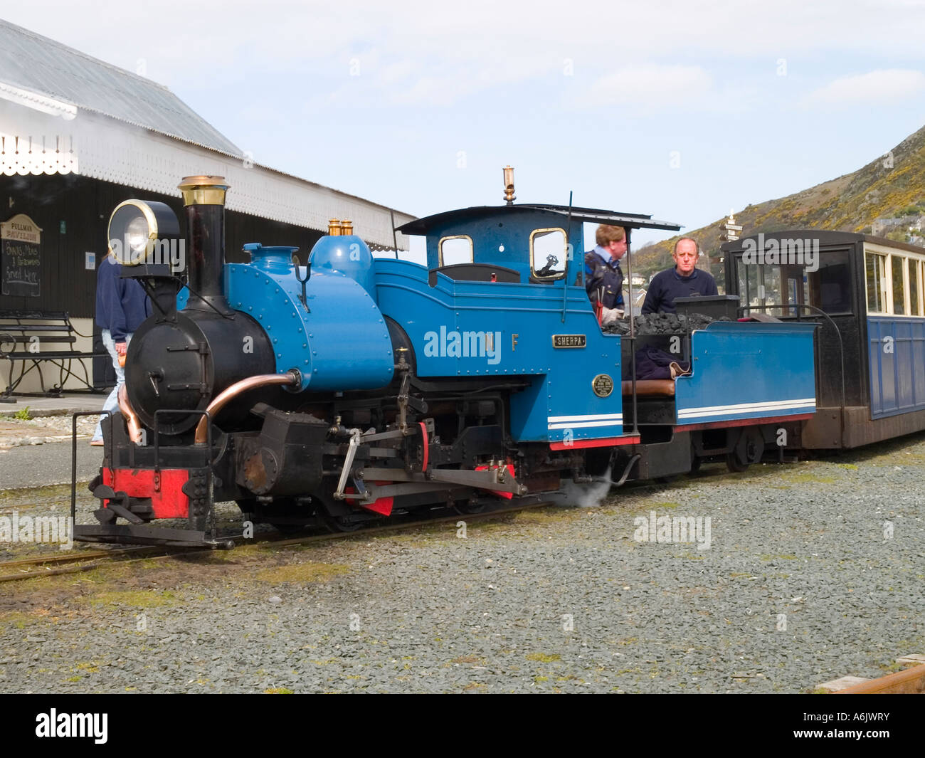 Blue saddle tank steam locomotive on the Fairbourne railway Wales Stock ...