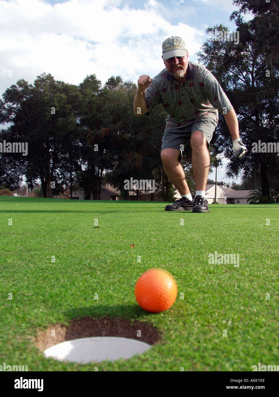 Happy golfer about to sink a putt close up on the cup and ball in the ...