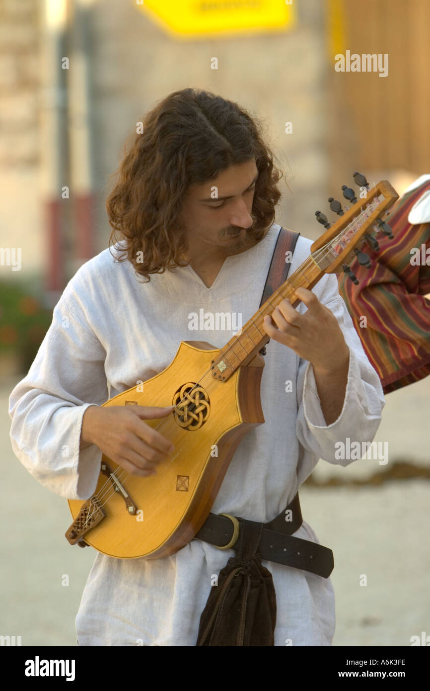 Medieval minstrel, man wearing french period dress playing musical ...
