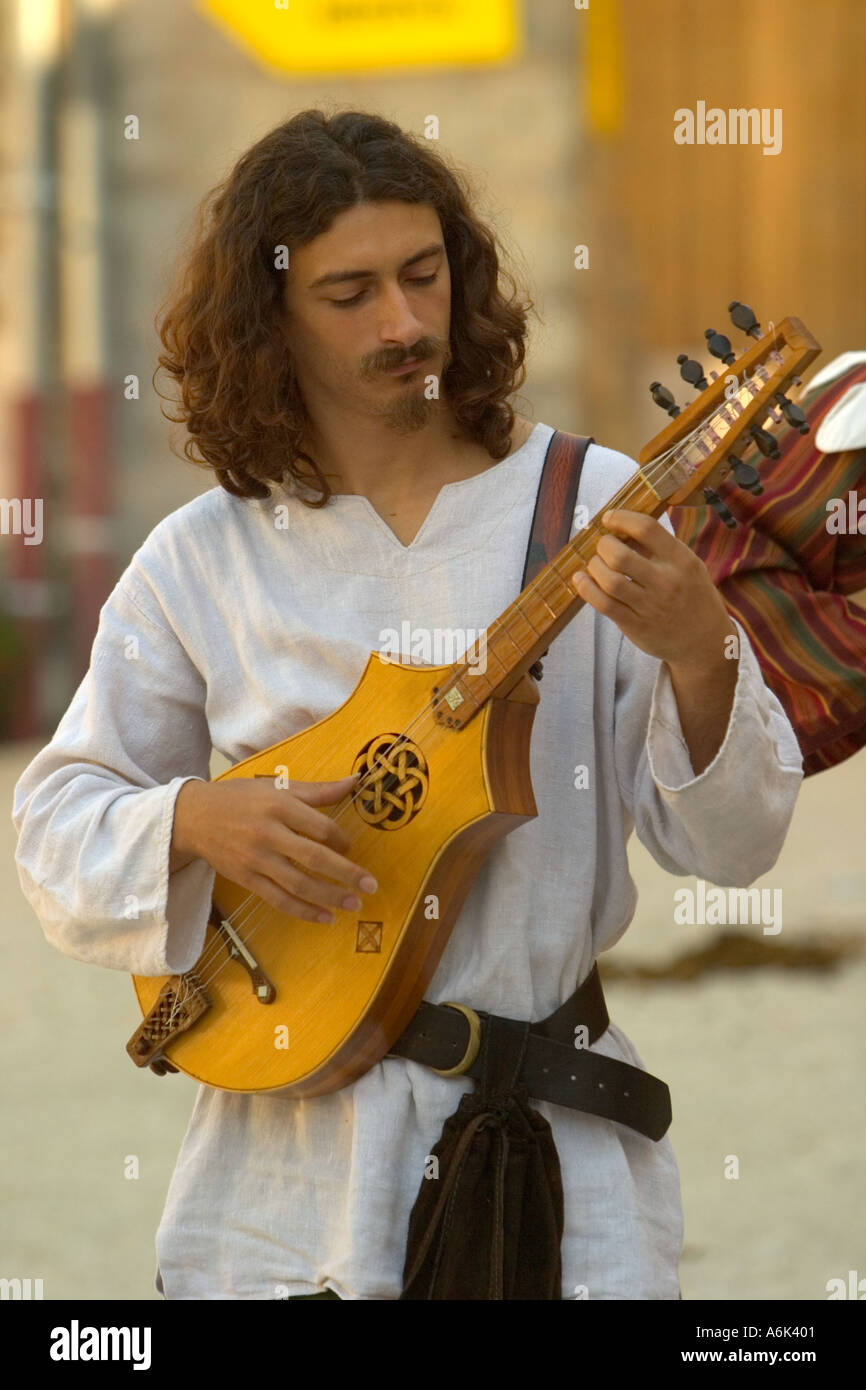 Medieval minstrel, man wearing french period dress playing musical ...