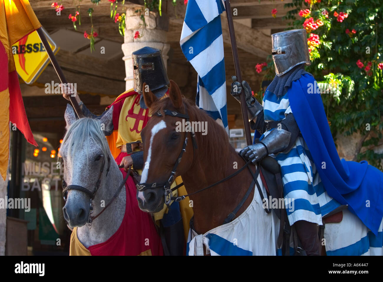 French medieval Knights on horseback holding banners at medieval ...