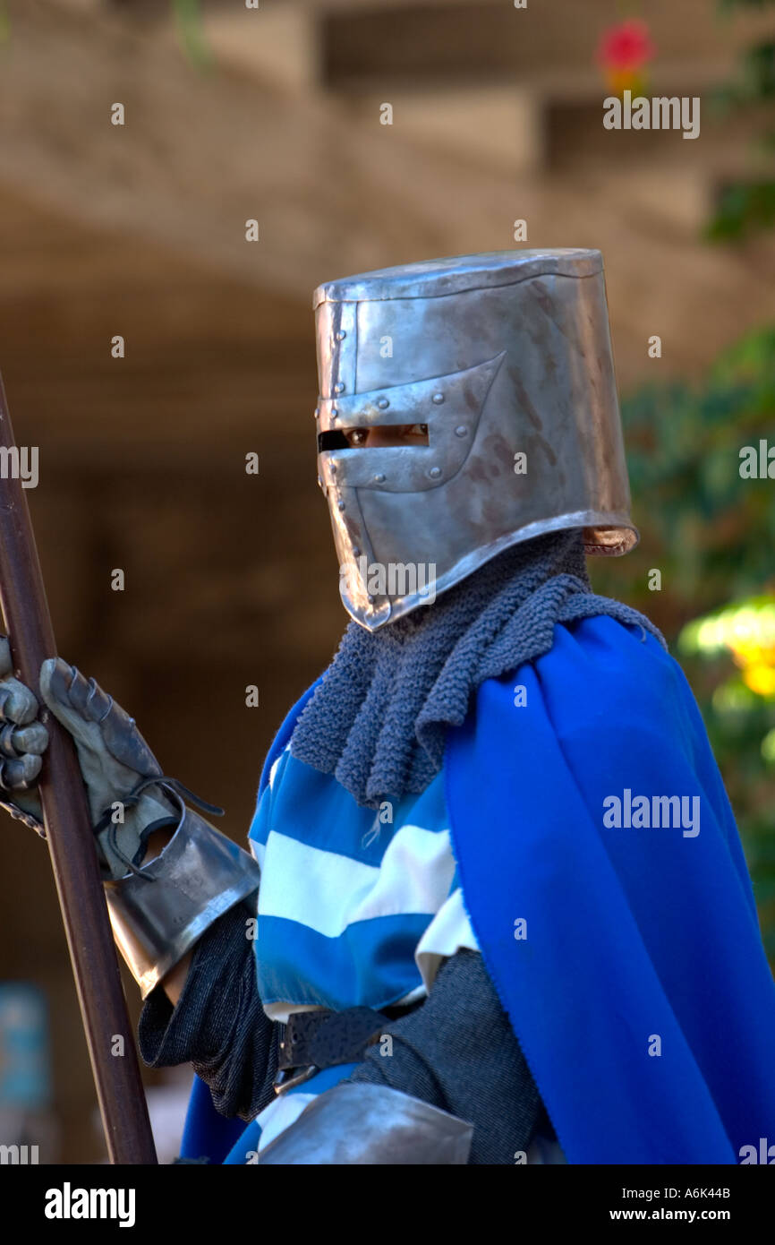 Medieval knight wearing blue robes and steel helmet holding lance in ...