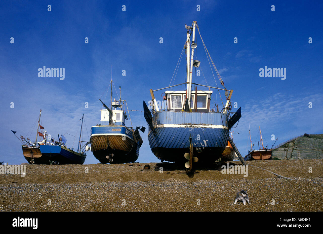 Three fishing boats on the Beach at Hastings. East Sussex. England. UK ...