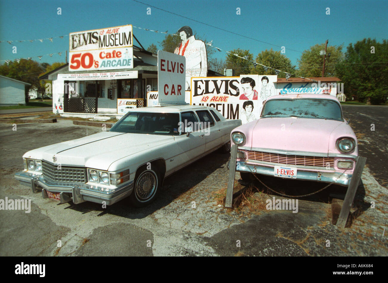 Elvis signs and cadillacs decorate an Elvis Museum West of St Louis ...