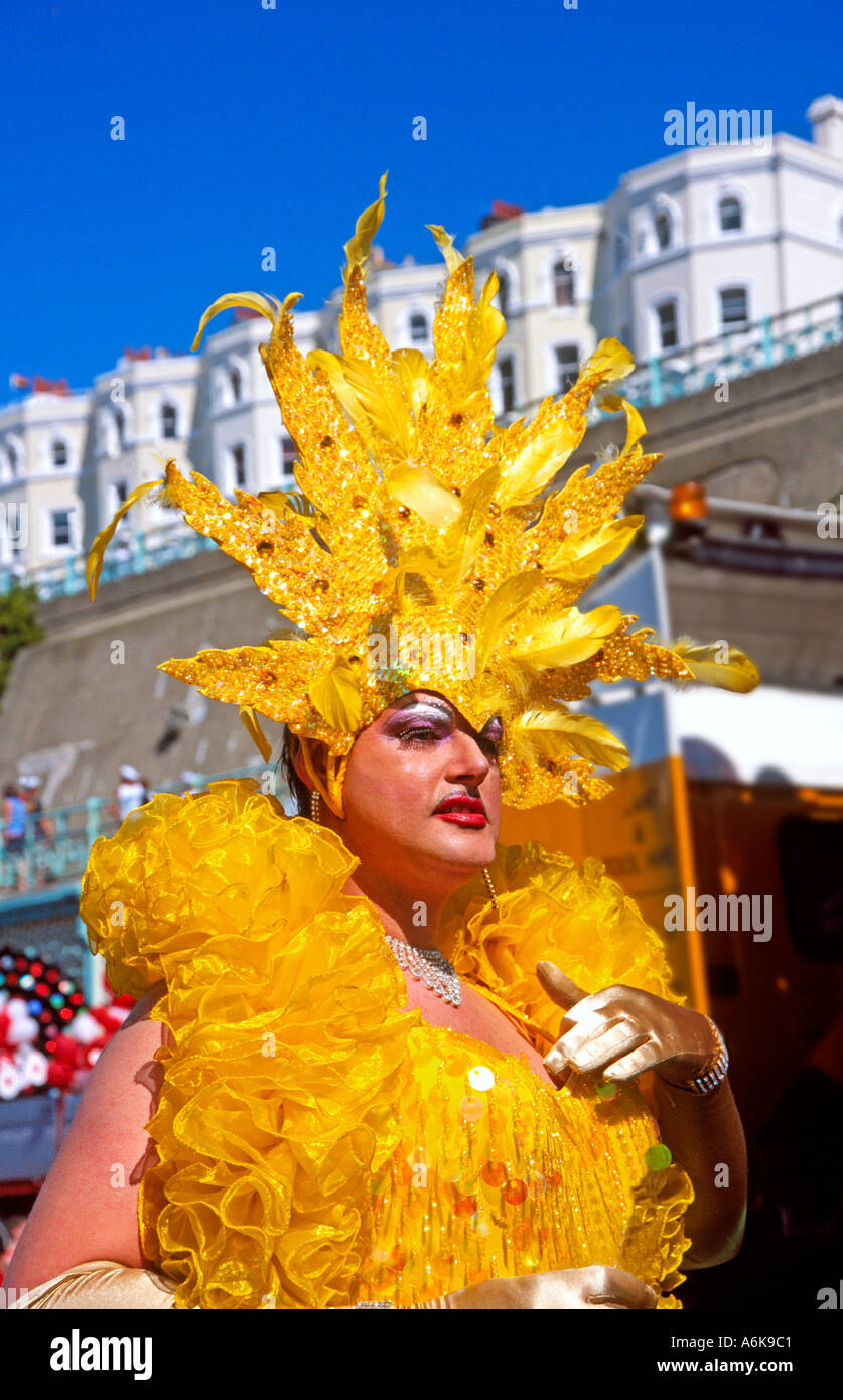 Bright yellow colourful costume Gay Pride Parade 2004 Brighton UK Stock ...