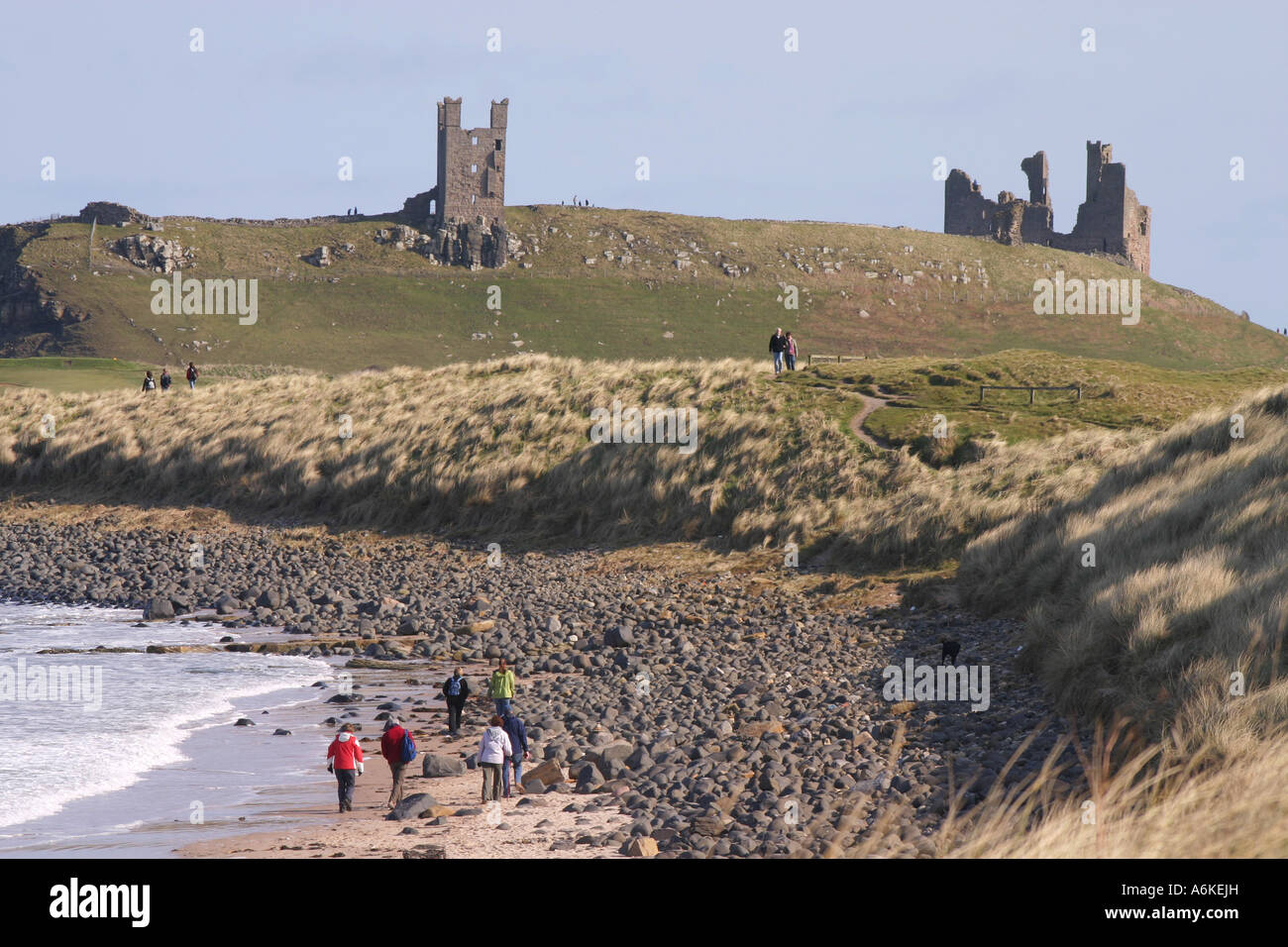 view of Dunstanburgh Castle from the beach near Embleton Northumberland ...