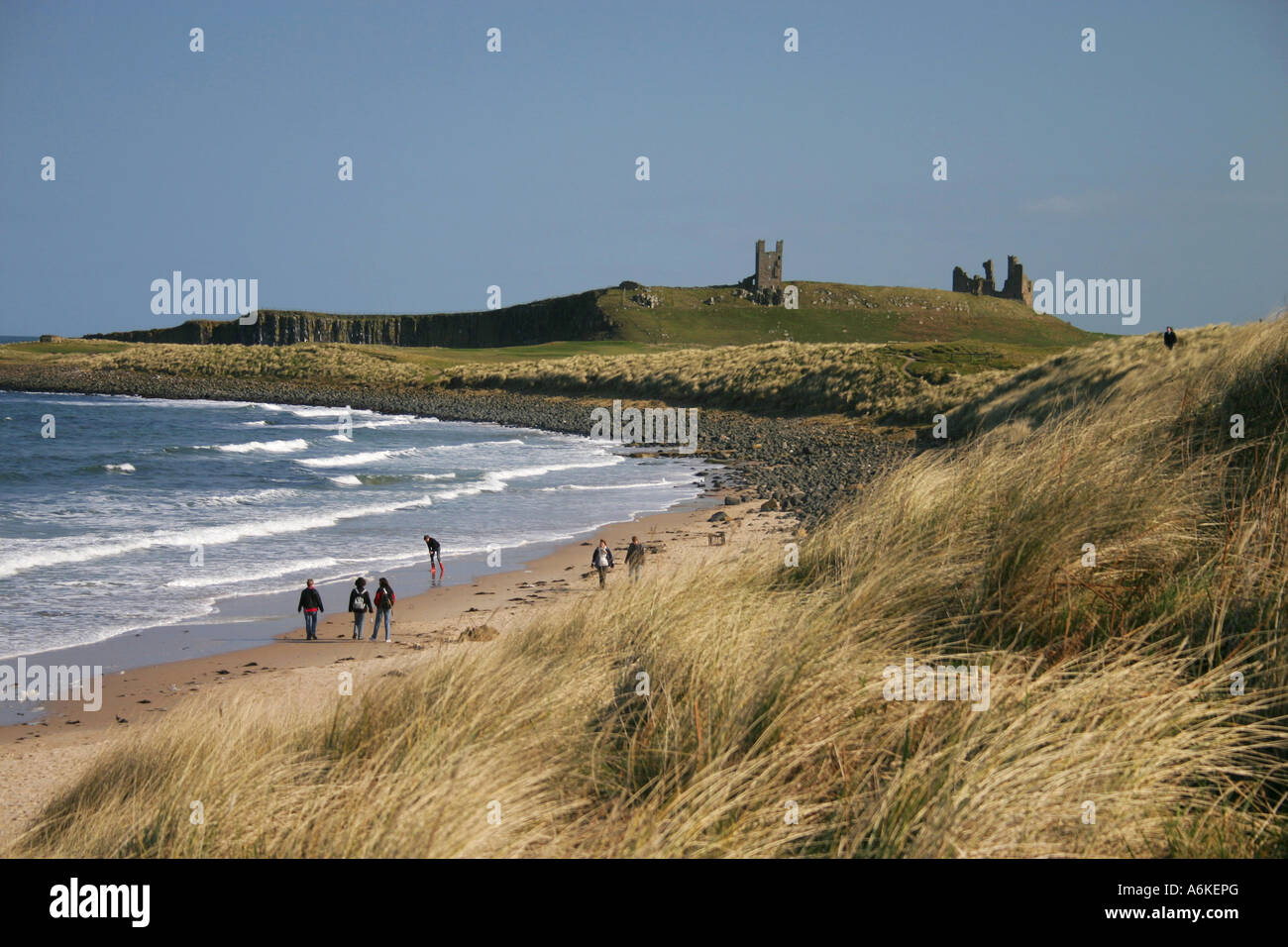 View of Dunstanburgh Castle as seen from the beach near Embleton ...