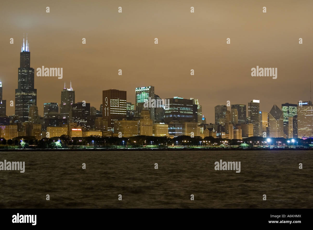 Chicago City View nightshot with lake michigan Stock Photo - Alamy