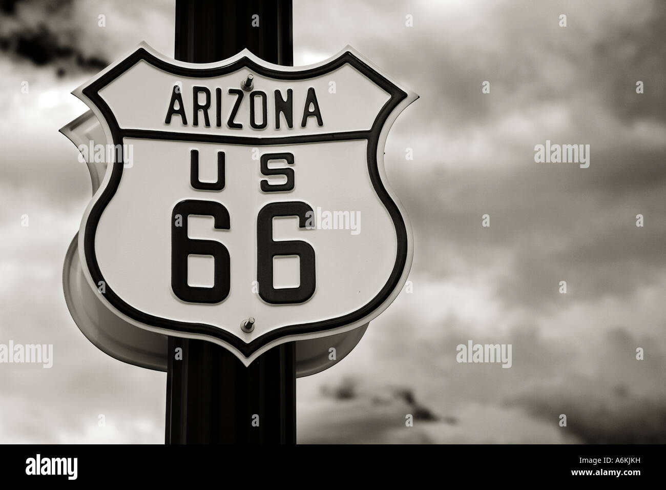 black and white image of historic route 66 sign Stock Photo - Alamy