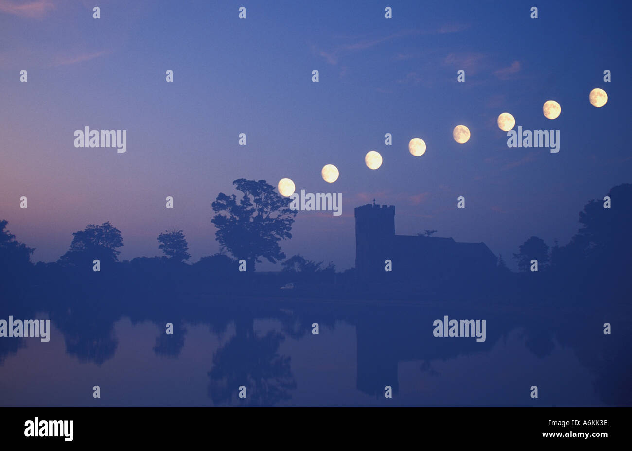 Series of 8 moons moving across sky showing movement rotation of earth ...