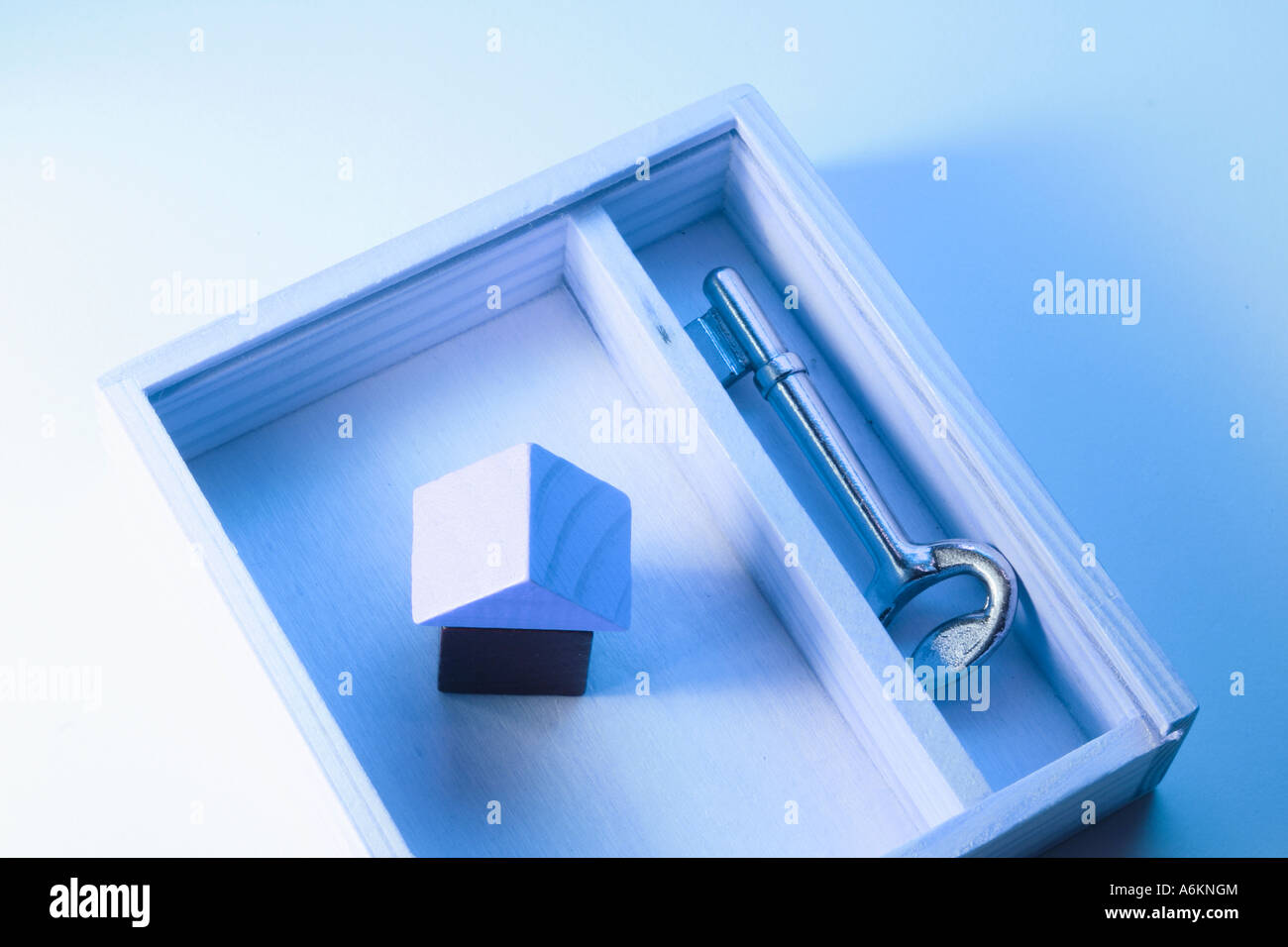 Miniature House and Key in Wooden Box Stock Photo - Alamy