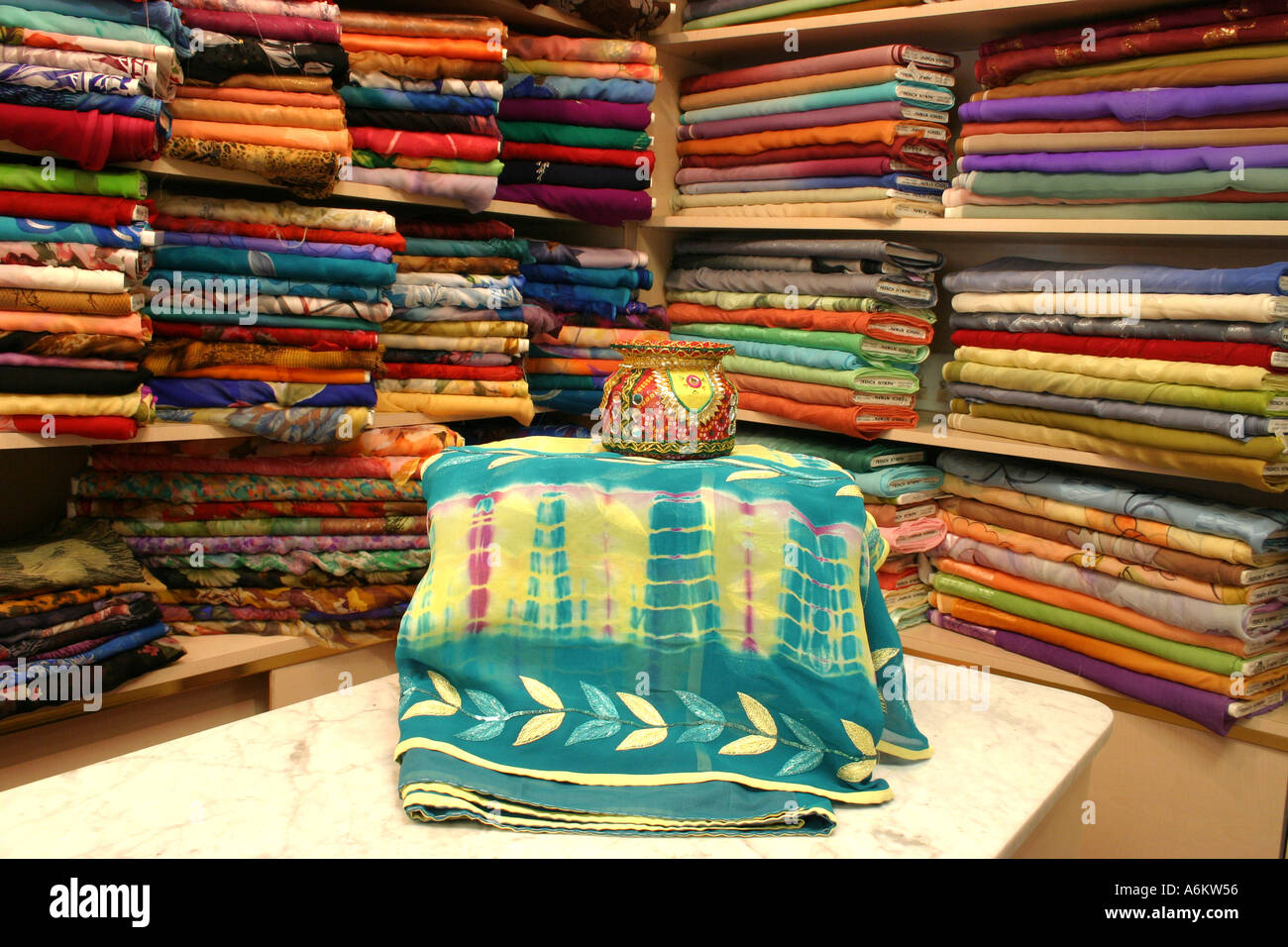 Interior of a Sari shop displaying fabric, Devon Ave. Chicago IL USa ...