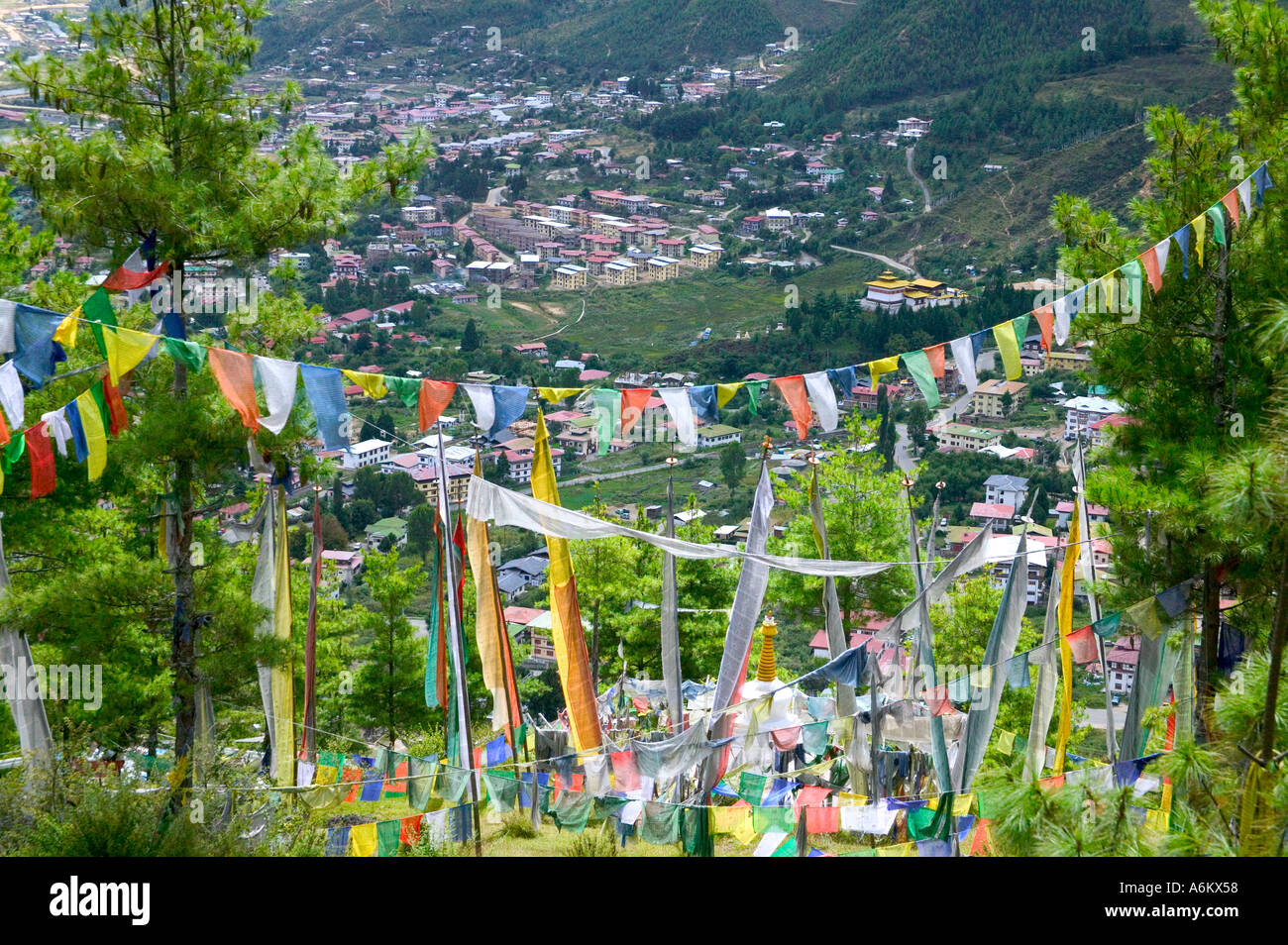 Overview of Village houses with praying flags in Thimphu Valley Bhutan ...
