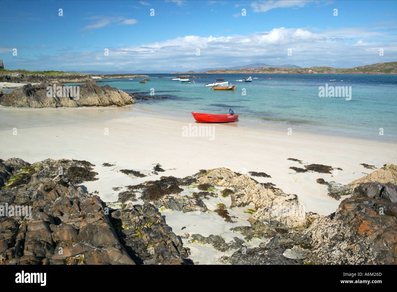 Beach on the Isle of Iona, looking across the Sound of Iona, Scotland ...