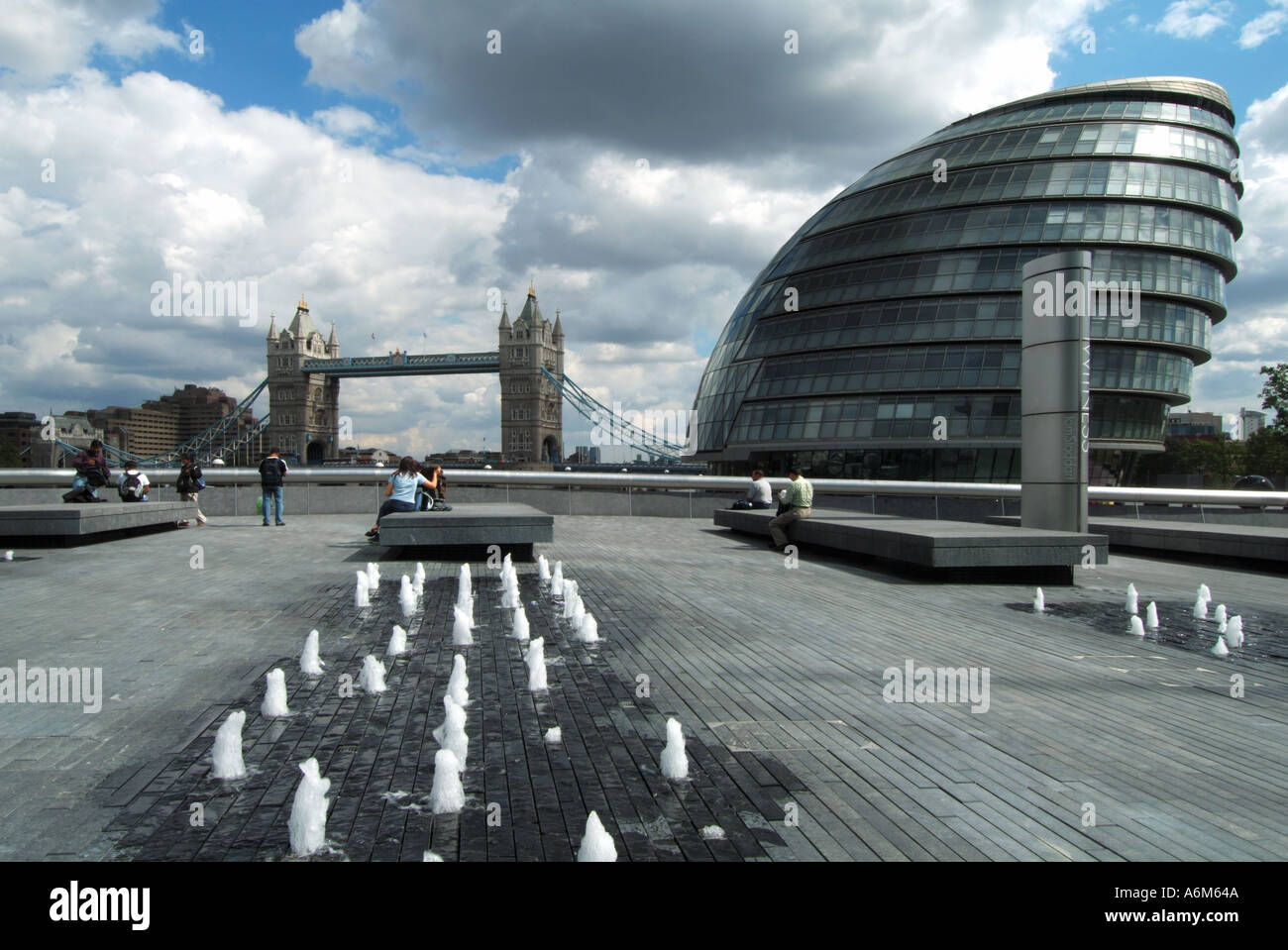 morelondon redevelopment site beside river Thames with fountains City ...