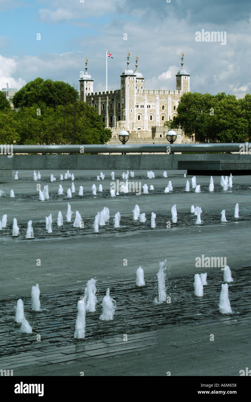 morelondon redevelopment site beside river Thames with fountains and ...