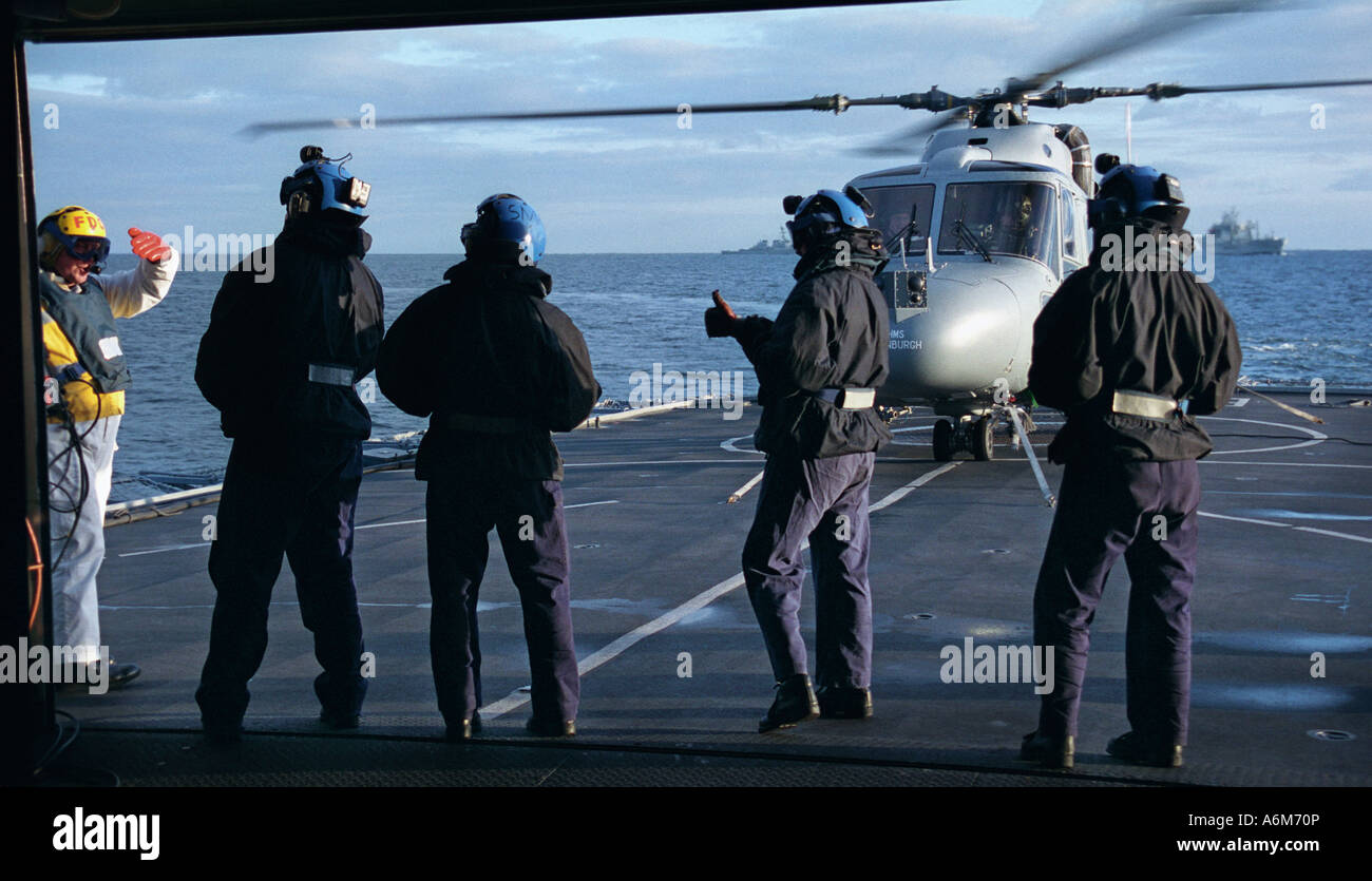 Flight deck ops on the British Type 42 destroyer HMS Edinburgh Stock ...