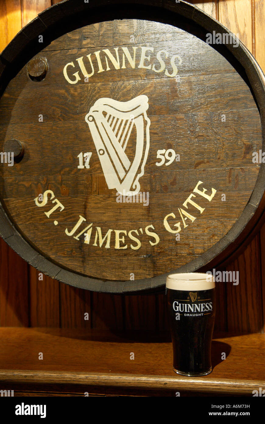 A Guinness barrel end and a glass of Guinness beer at a pub in the ...