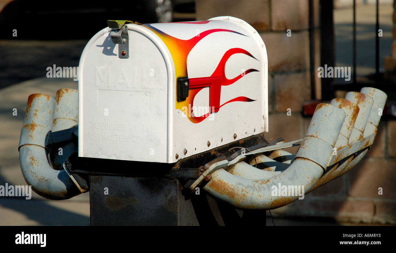 Mailbox with painted flames and exhaust pipes. Concept, fast, speed ...
