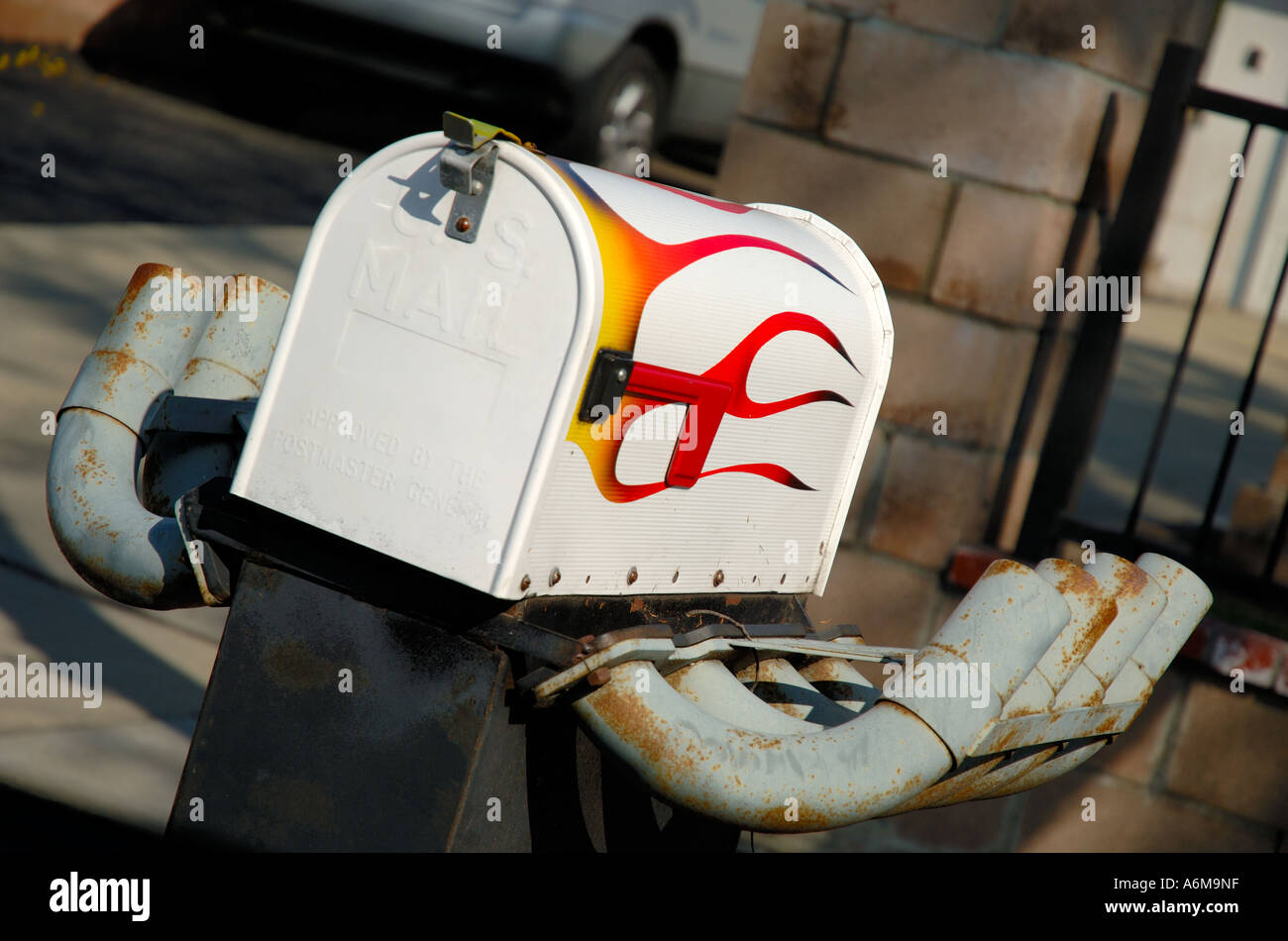 Mailbox with painted flames and exhaust pipes. Concept, fast, speed ...