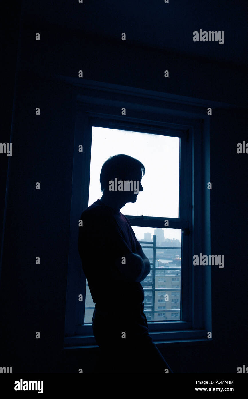 Three Quarter Length Silhouette Portrait of Man Near Window His Arms ...