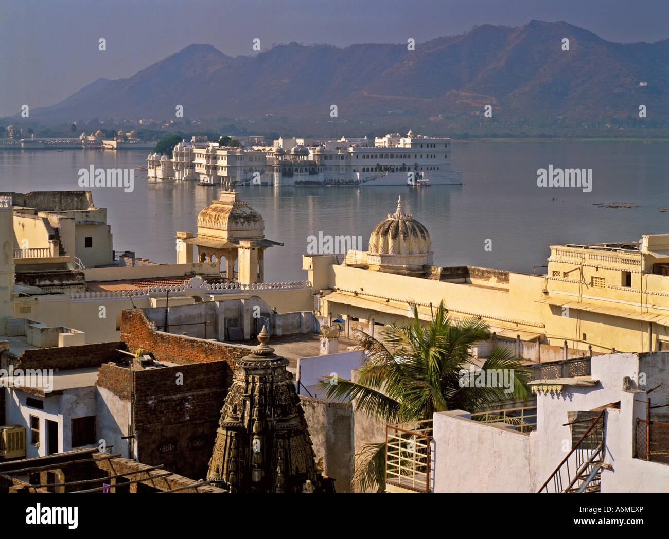 India Rajasthan Udaipur Roof top view to Lake Palace Hotel Stock Photo ...