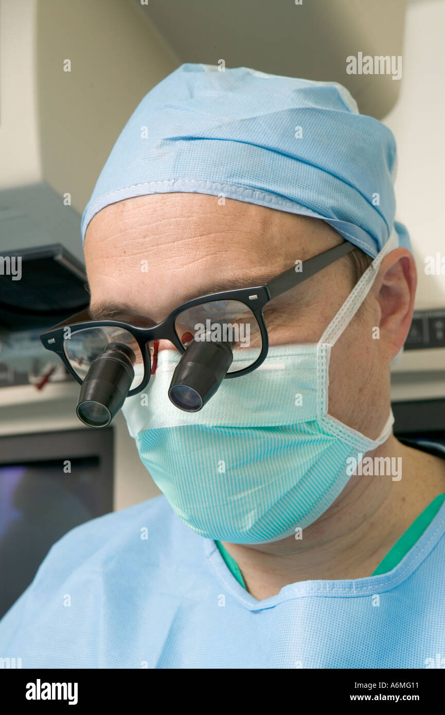 Surgeon wearing surgical magnifying loupes during medical procedure ...