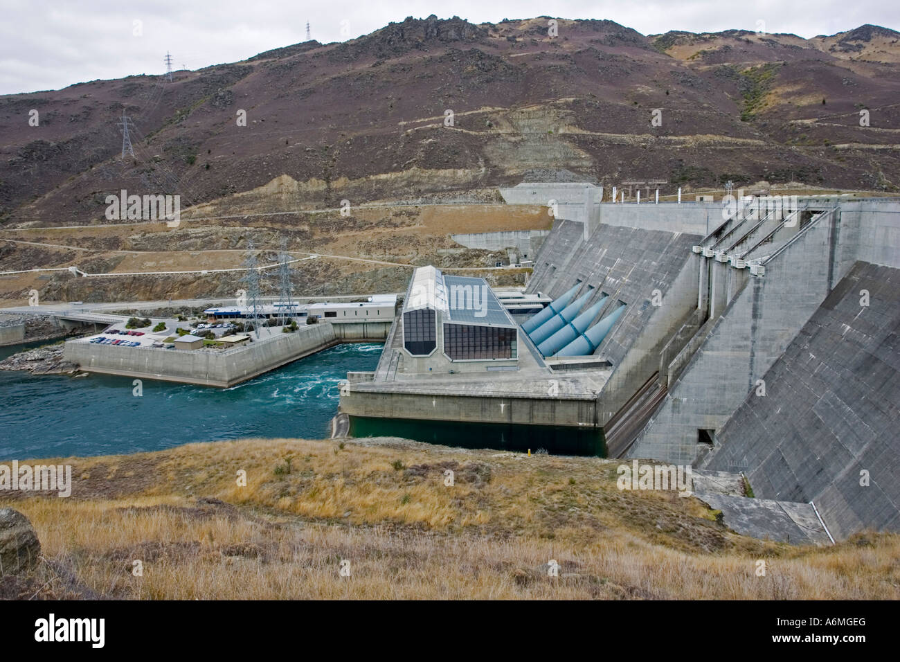View of Clyde hydroelectric dam and Lake Dunstan on Clutha River South ...