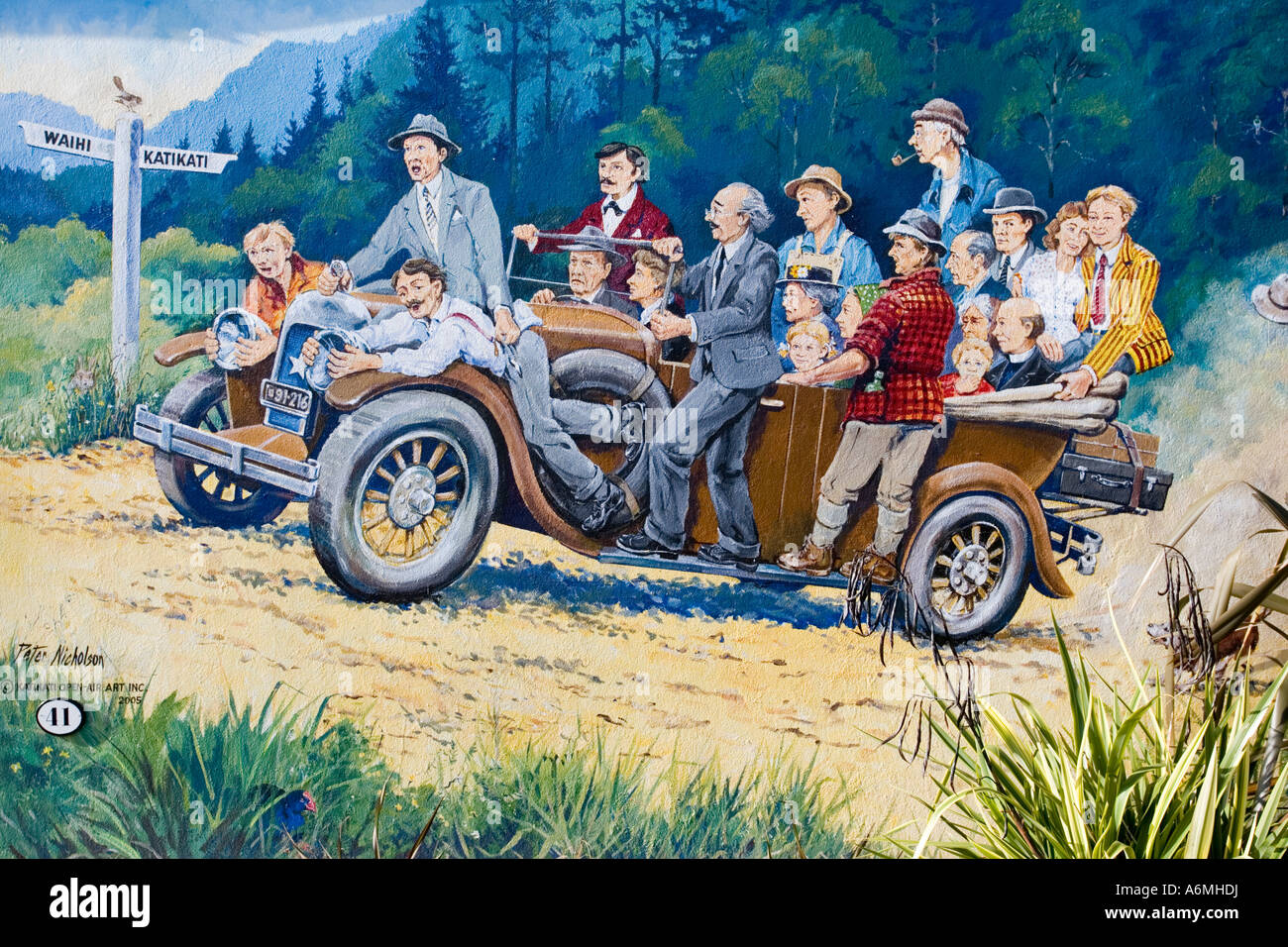 Large mural depicting open vintage car crowded with passengers in ...