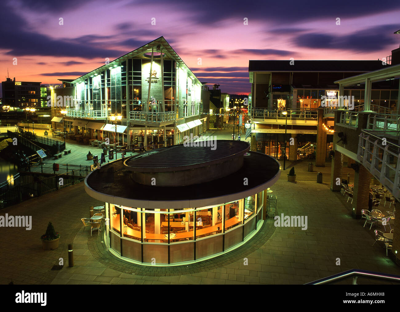 Mermaid Quay Cardiff Bay twilight / night view Cardiff South Wales UK ...