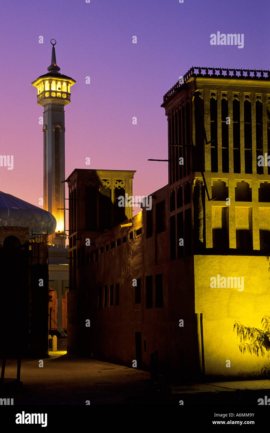 Wind tower and mosque at dusk Dubai United Arab Emirates Stock Photo ...