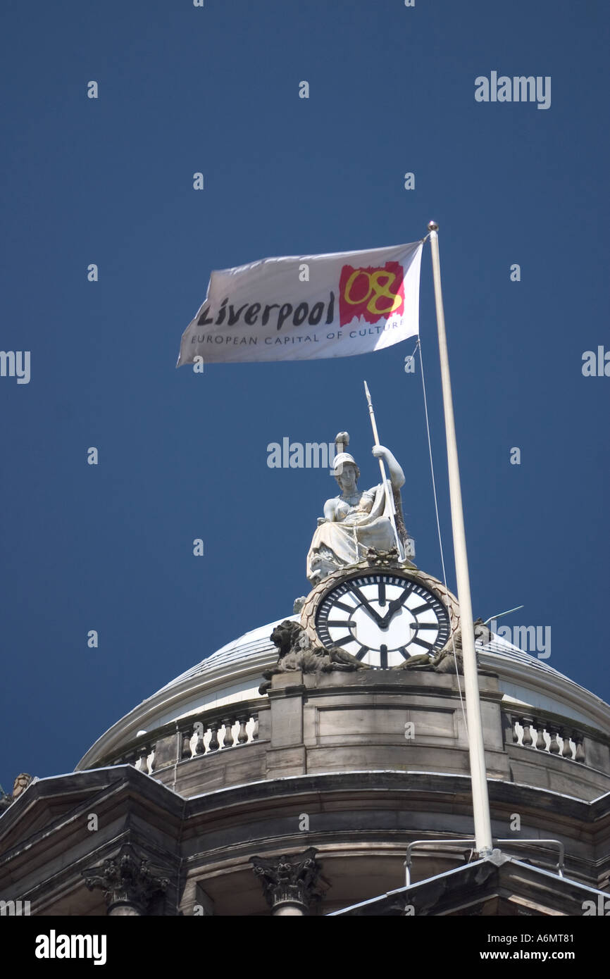 liverpool 2008 capital of culture flag above liverpool town hall UK ...