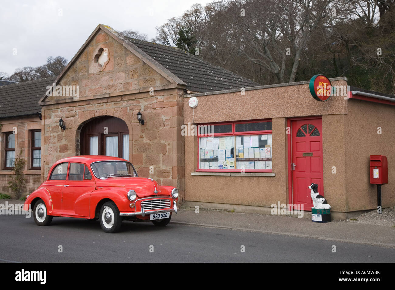 1957 50s 948cc Customised red Morris Minor 1000 outside Kessock rural ...