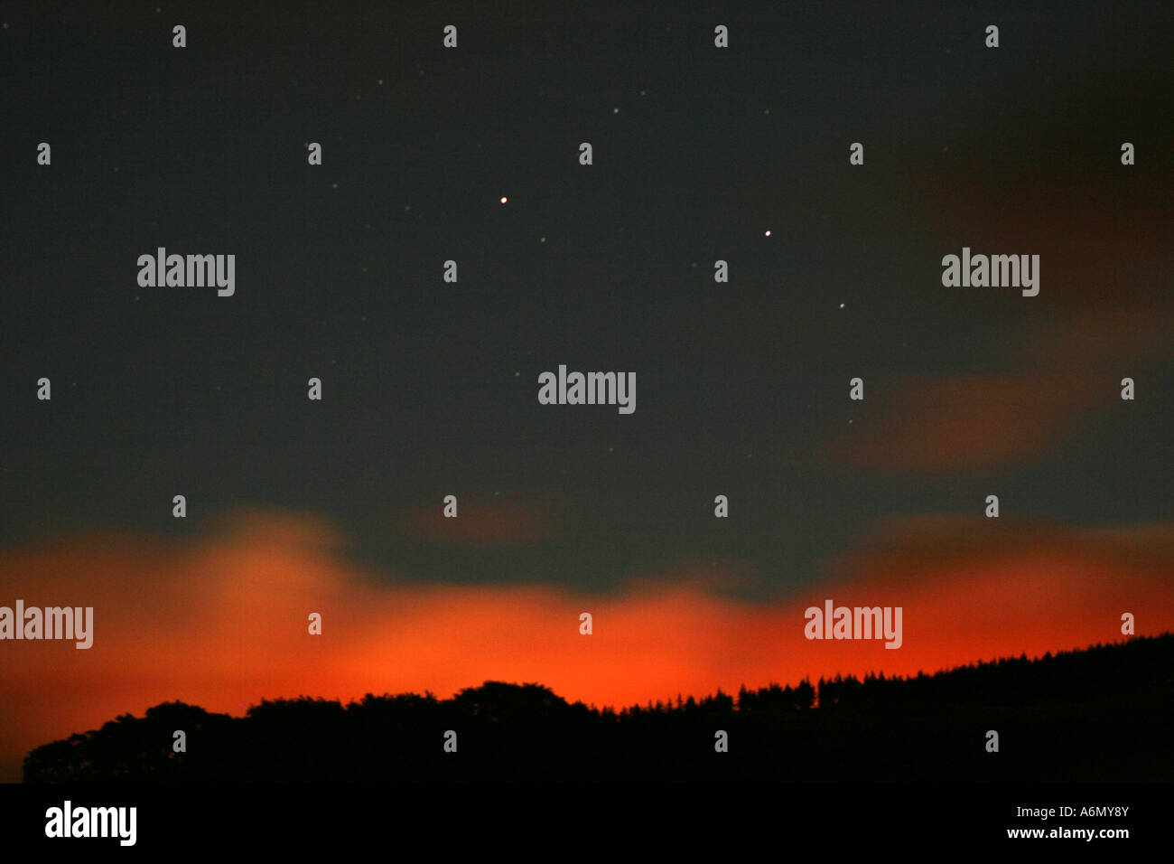 Dramatic opening in evening sky, sunlit horizon silhouette and tree ...