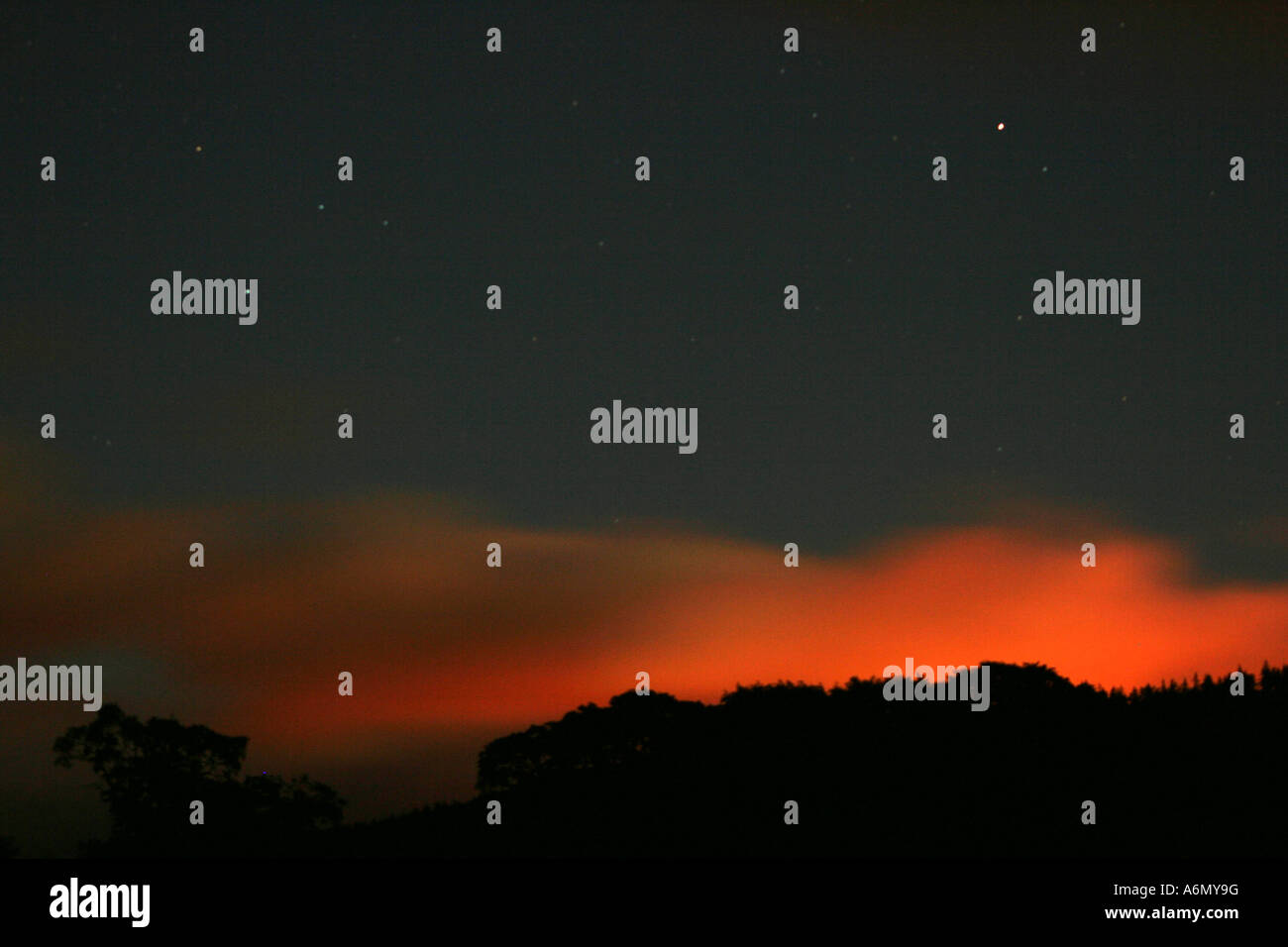 Dramatic opening in evening sky, sunlit horizon silhouette and tree ...