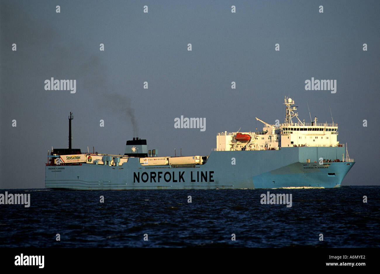 Maersk Flanders, a Norfolk Line lorry ferry, sailing on the North Sea ...