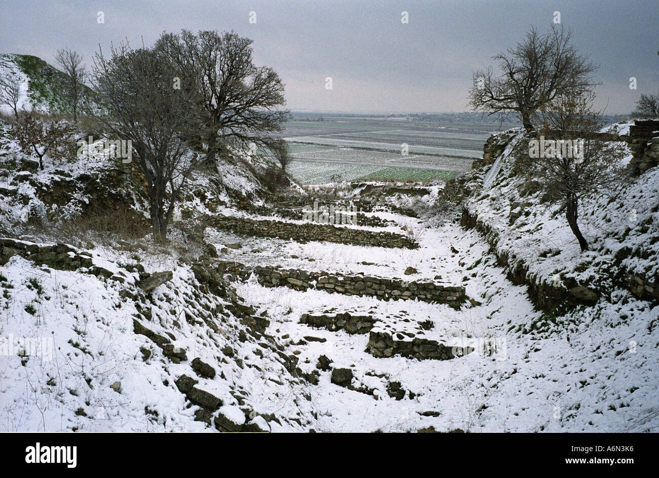 Turkey. The ruins of the ancient city of Troy or Truva in a bleak ...