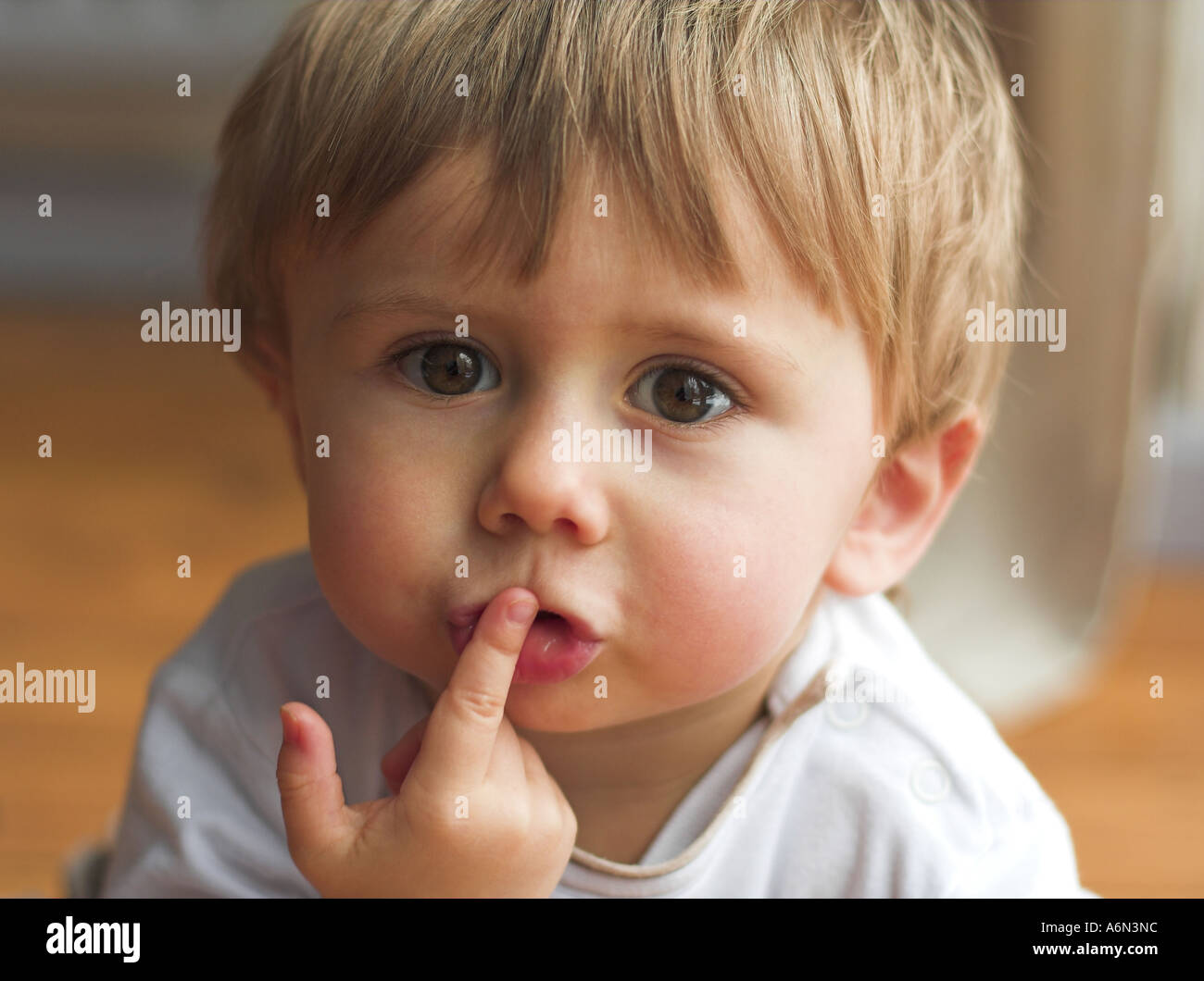 Portrait of a baby boy with his finger on his lips Stock Photo - Alamy