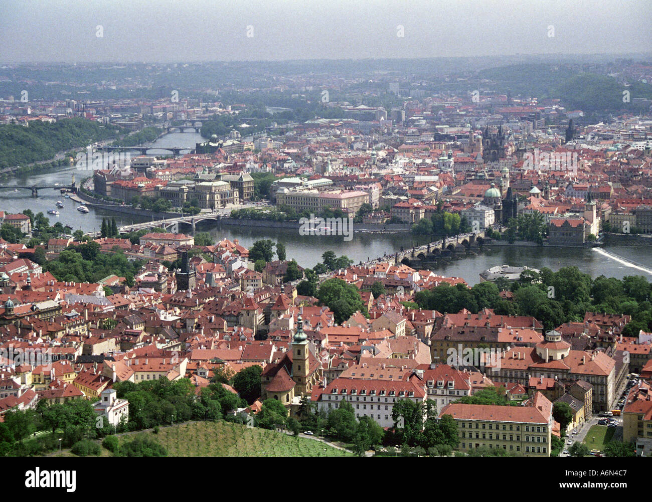 Prague city and the river Vltava and its bridges Roofscape from above ...