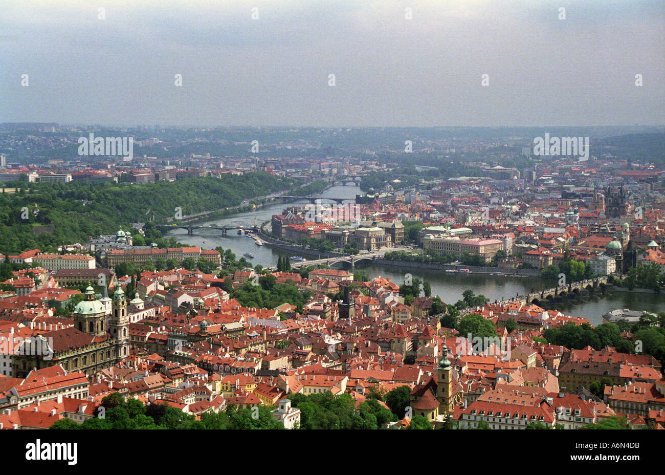 Prague city and the river Vltava and its bridges Roofscape from above ...