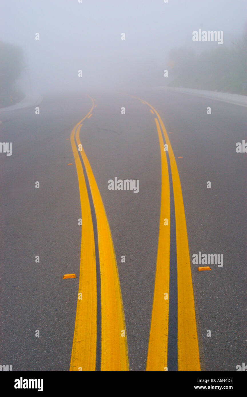 divided street lines into the fog Stock Photo - Alamy