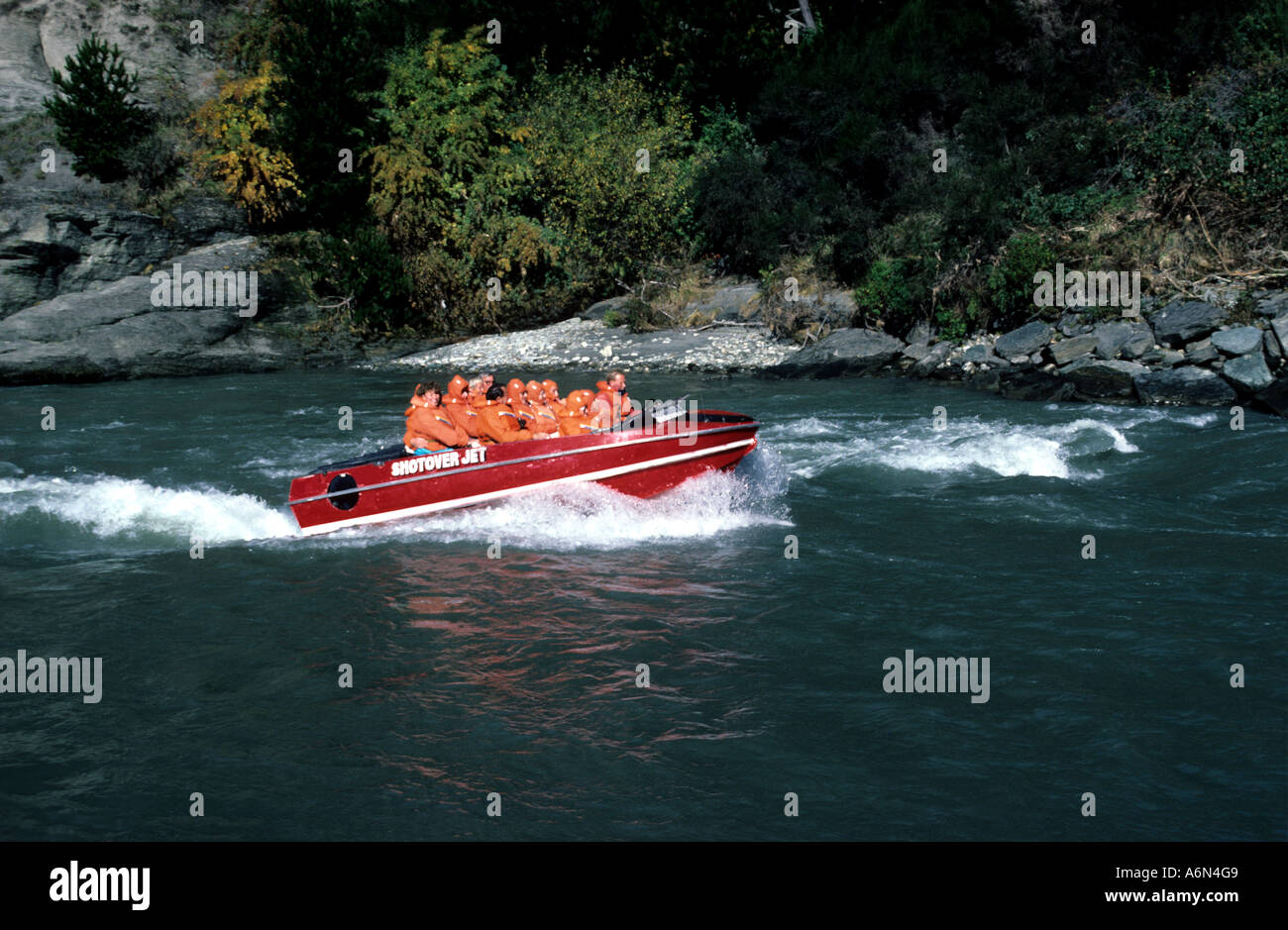 Jet-boating on the Shotover river near Queenstown, New Zealand Stock ...