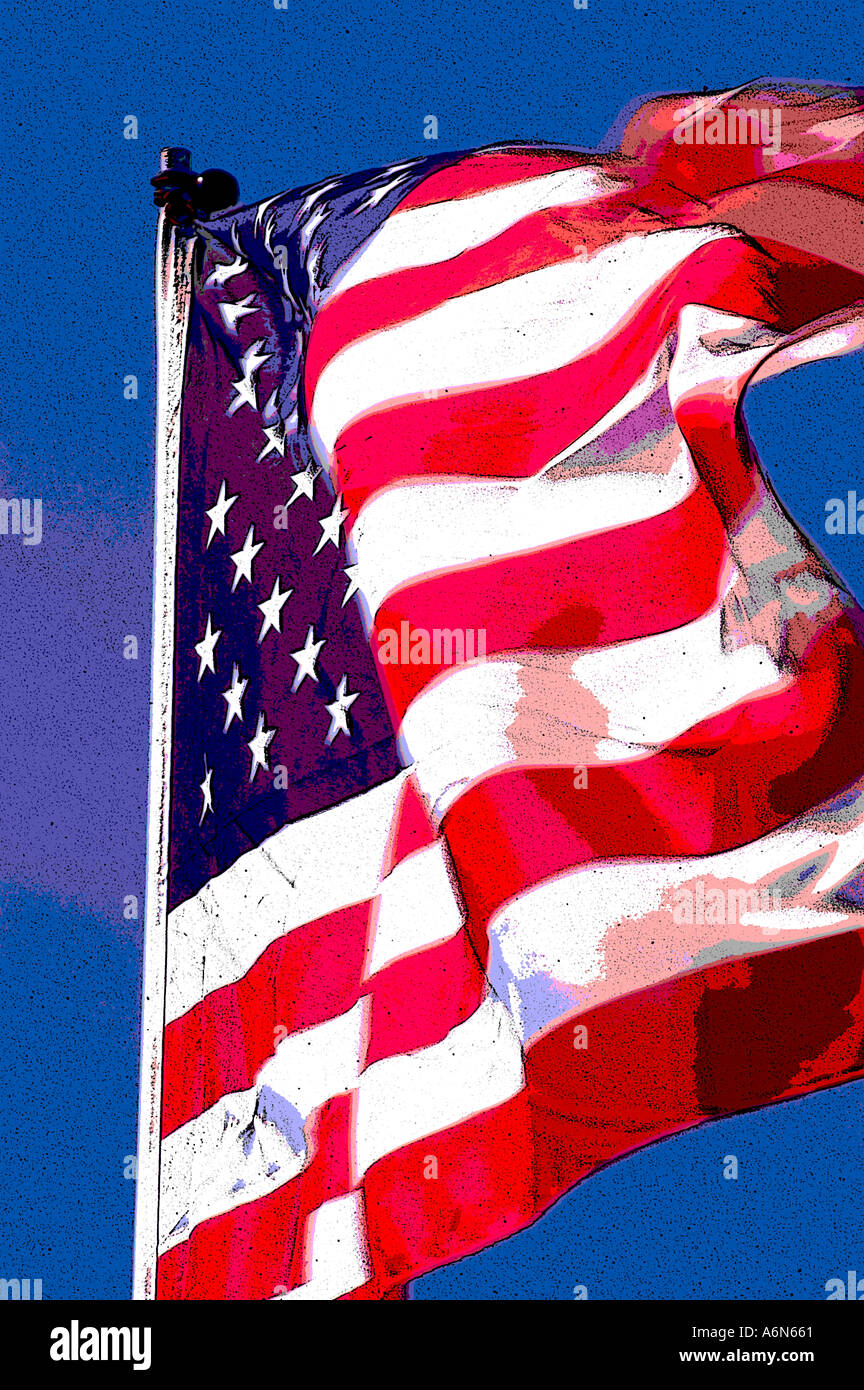 USA flags blowing in the wind Stock Photo - Alamy